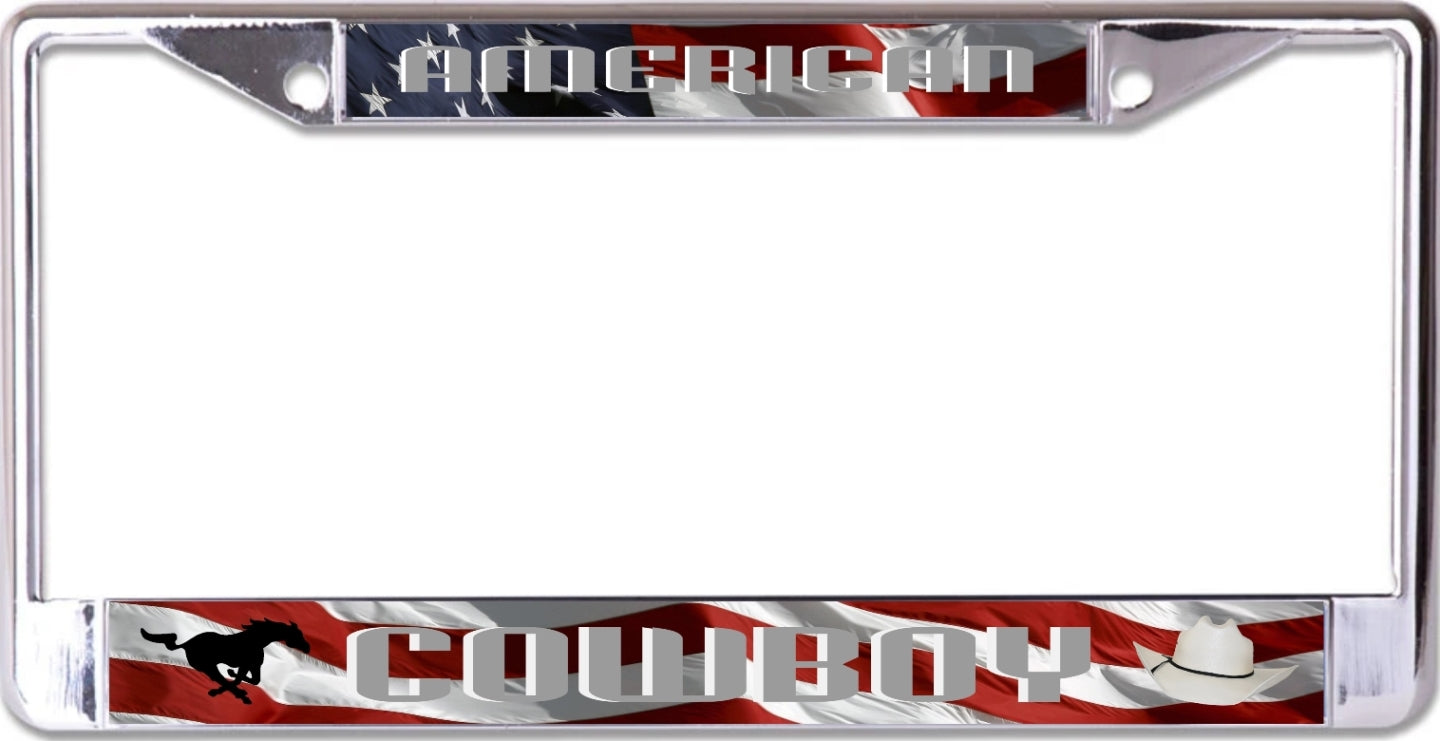 American Cowboy On Wavy U.S. Flag Chrome License Plate Frame – Auto ...